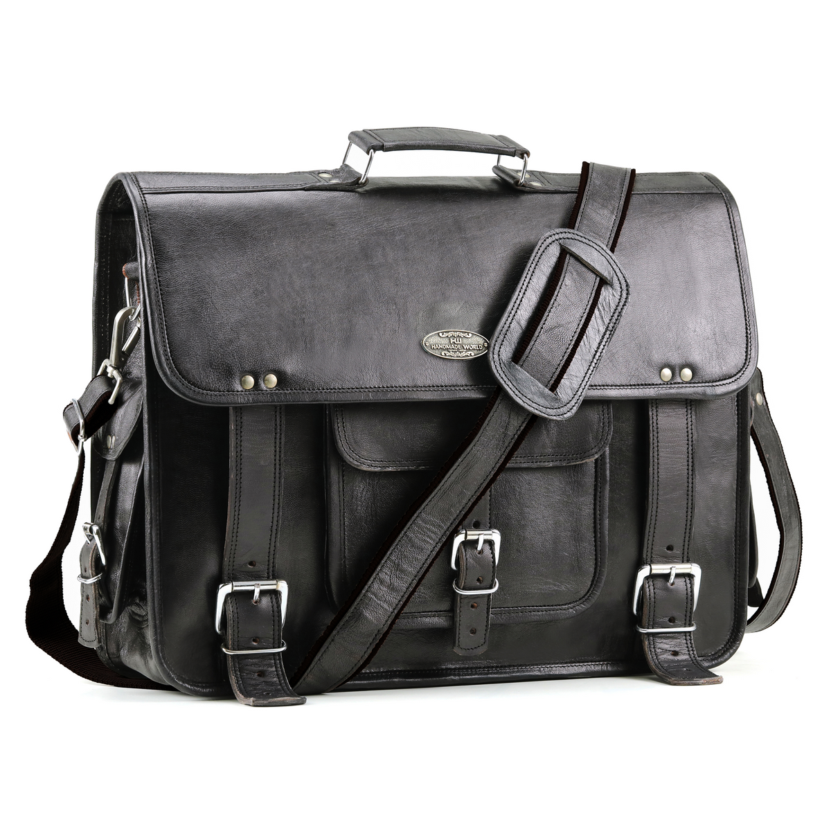 Executive Elegance Black 18" Inch Leather Messenger Bag By Handmade ...